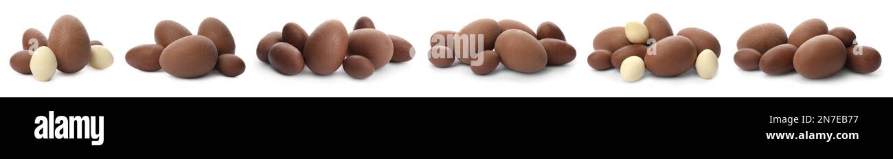 Set with sweet chocolate Easter eggs on white background, banner design ...