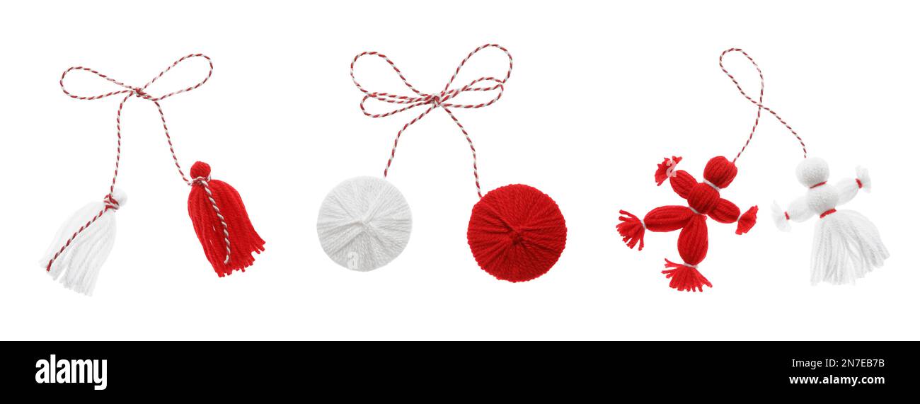 Set with traditional martenitsi in different shapes on white background ...