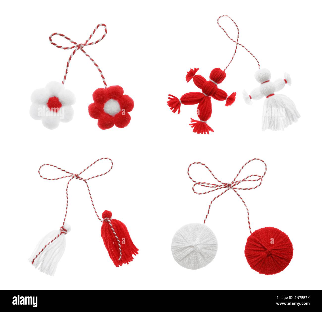 Set with traditional martenitsi in different shapes on white background ...