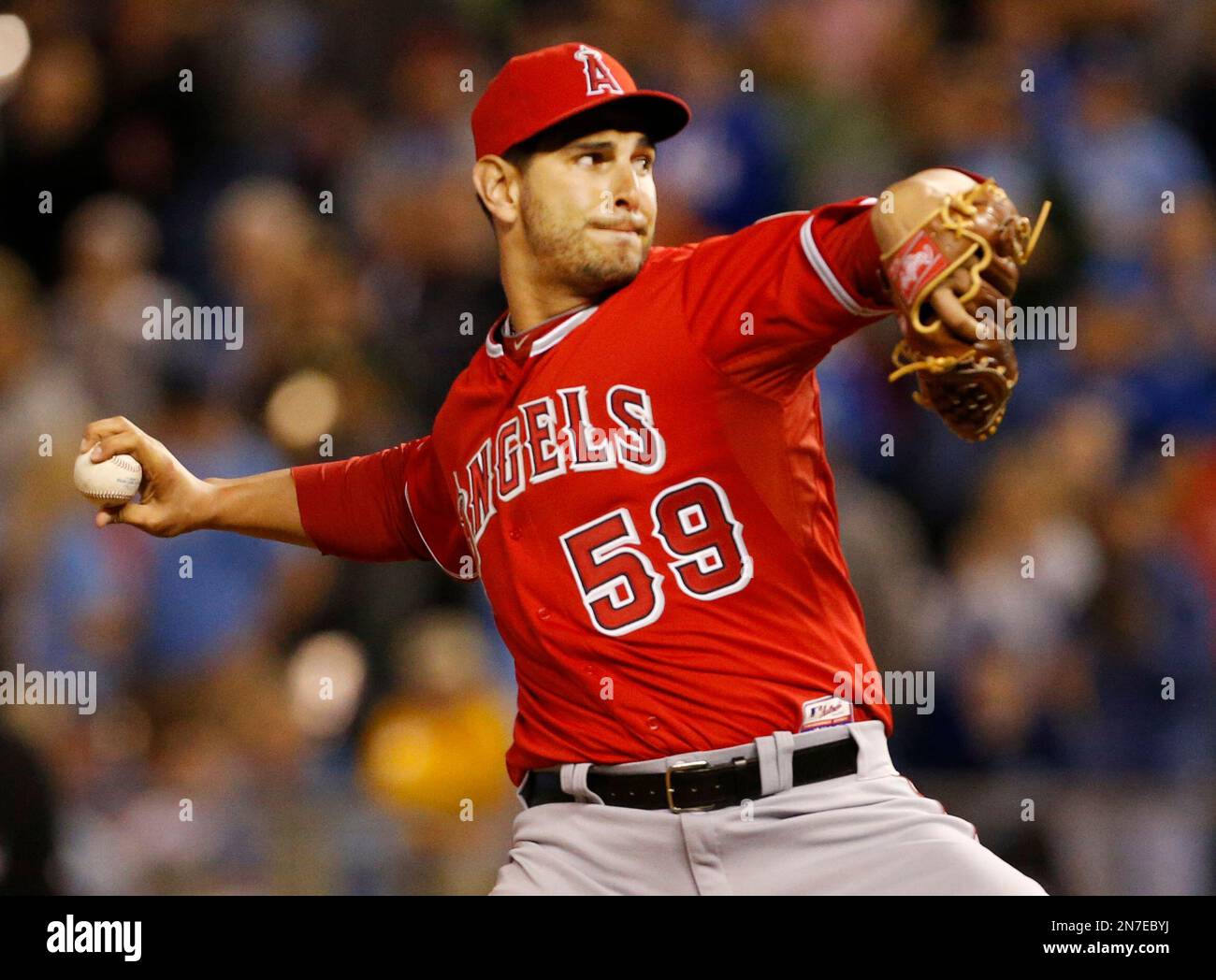 Los Angeles Angels relief pitcher Robert Coello (59) delivers to a ...