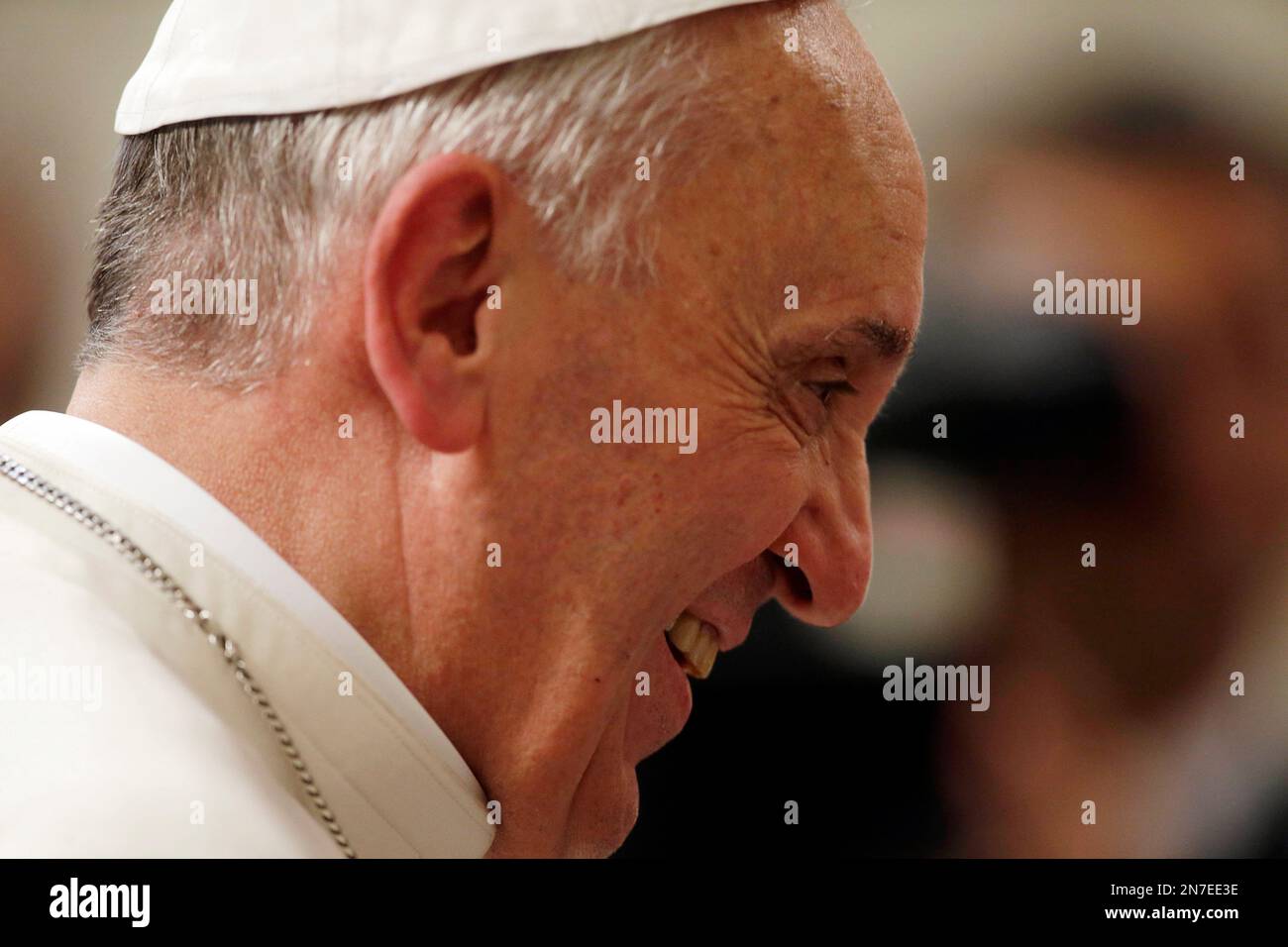 Pope Francis smiles as he greets bishops of the Italian Episcopal ...