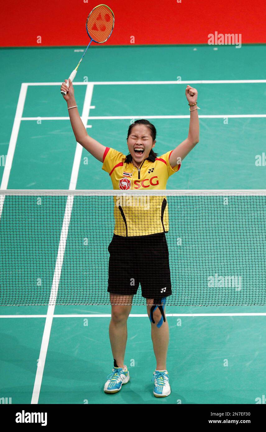 Thailand's Ratchanok Inthanon celebrates after defeating Japan's Sayaka ...