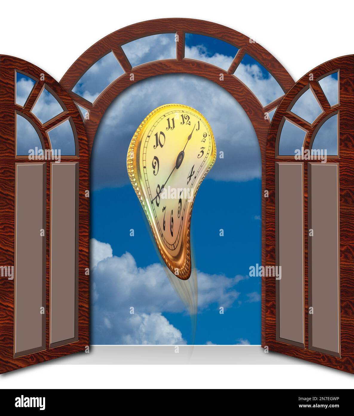 Crazy clock in the doorway to the skys Stock Photo - Alamy