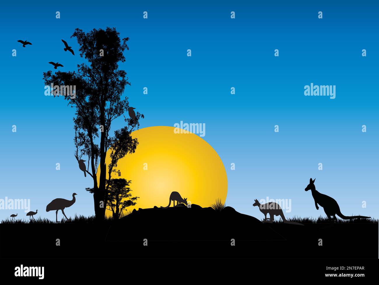 Silhouette of Gum trees with yellow moon at sunset with kangaroos ...