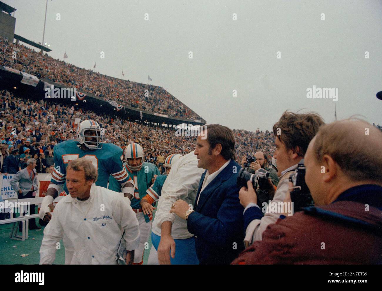 Don Shula, Miami Dolphins coach, shown on field during Super Bowl VIII ...