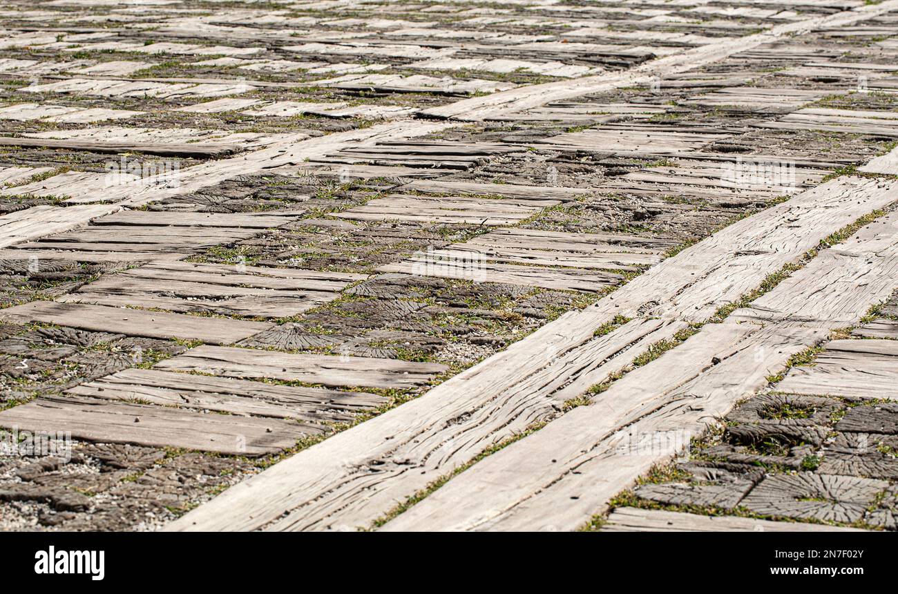 The wooden pavement road. Large wooden square in the urban landscape ...