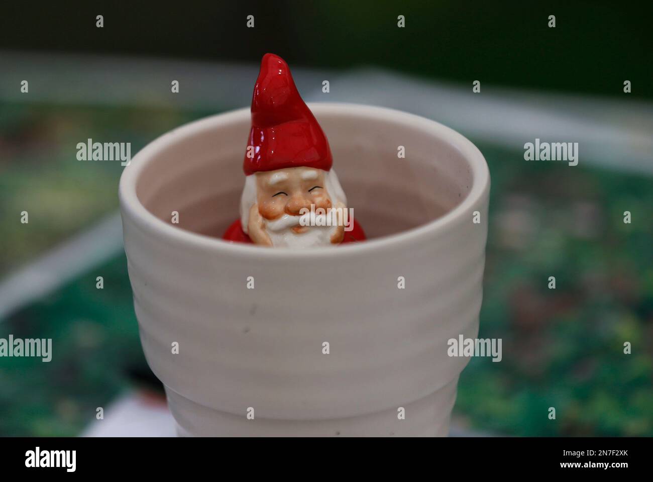 A garden gnome is seen in a flower pot at a display stand during the ...