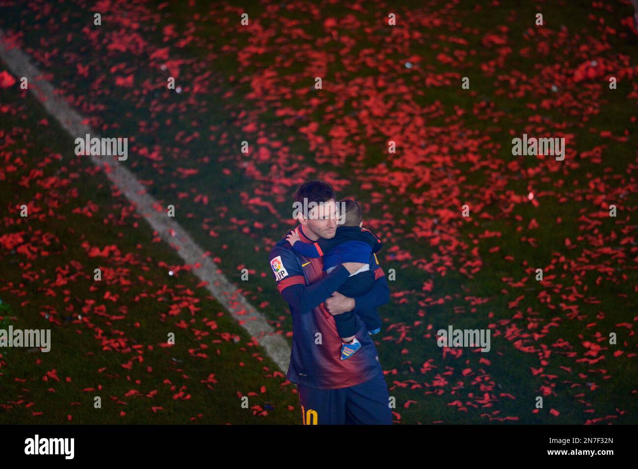 FC Barcelona's Lionel Messi, from Argentina, holds his baby Thiago ...