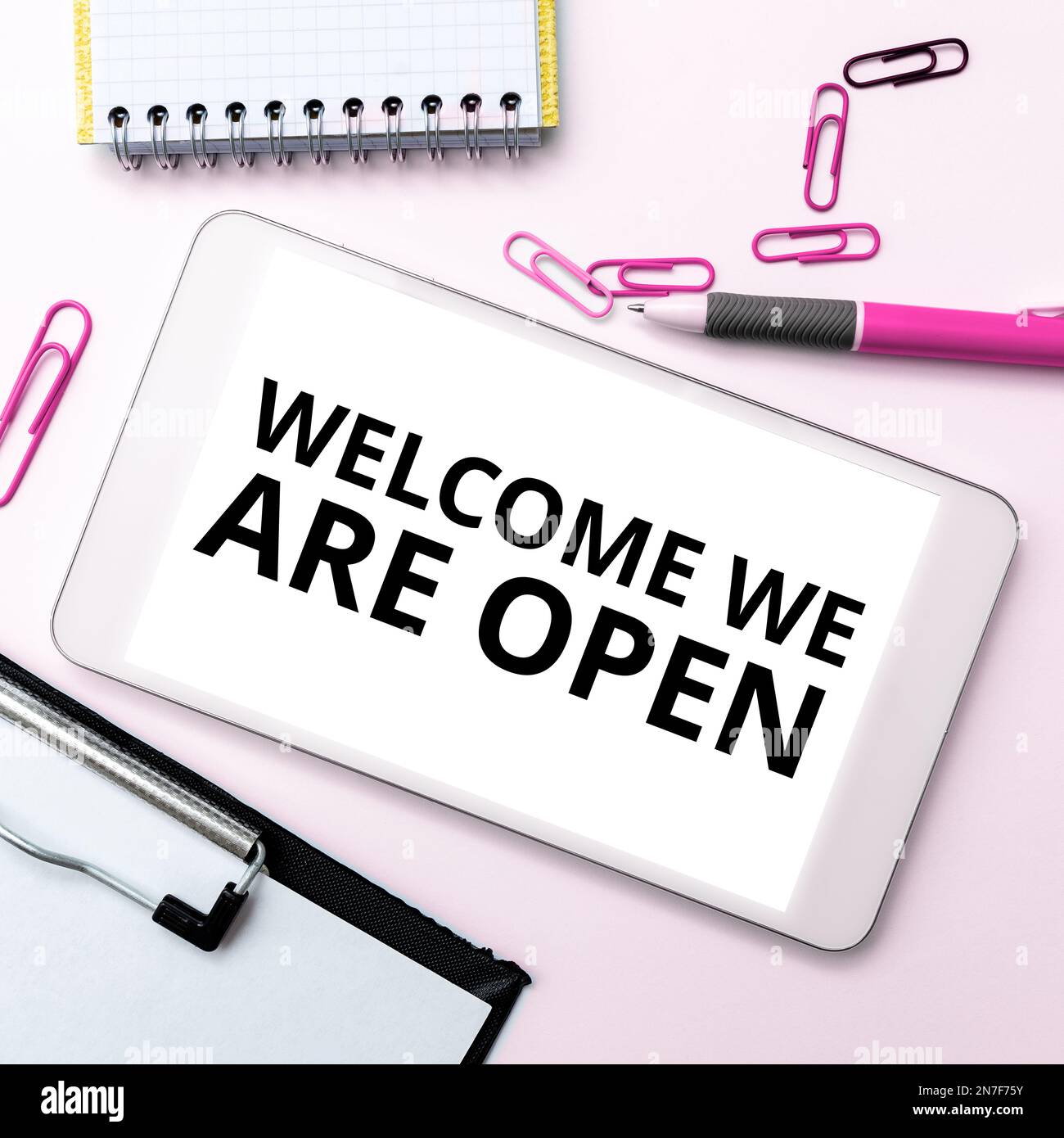 Text caption presenting Welcome We Are Open. Concept meaning Greeting ...
