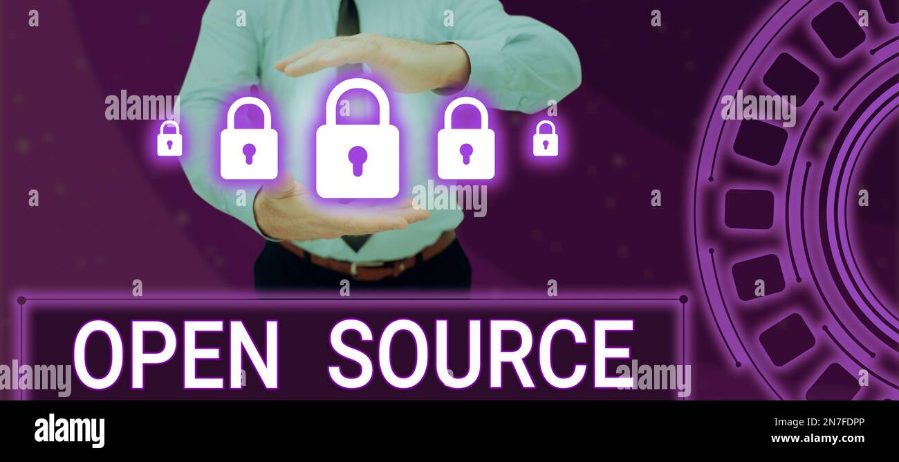 Conceptual display Open Source. Concept meaning denoting software which original source code ...