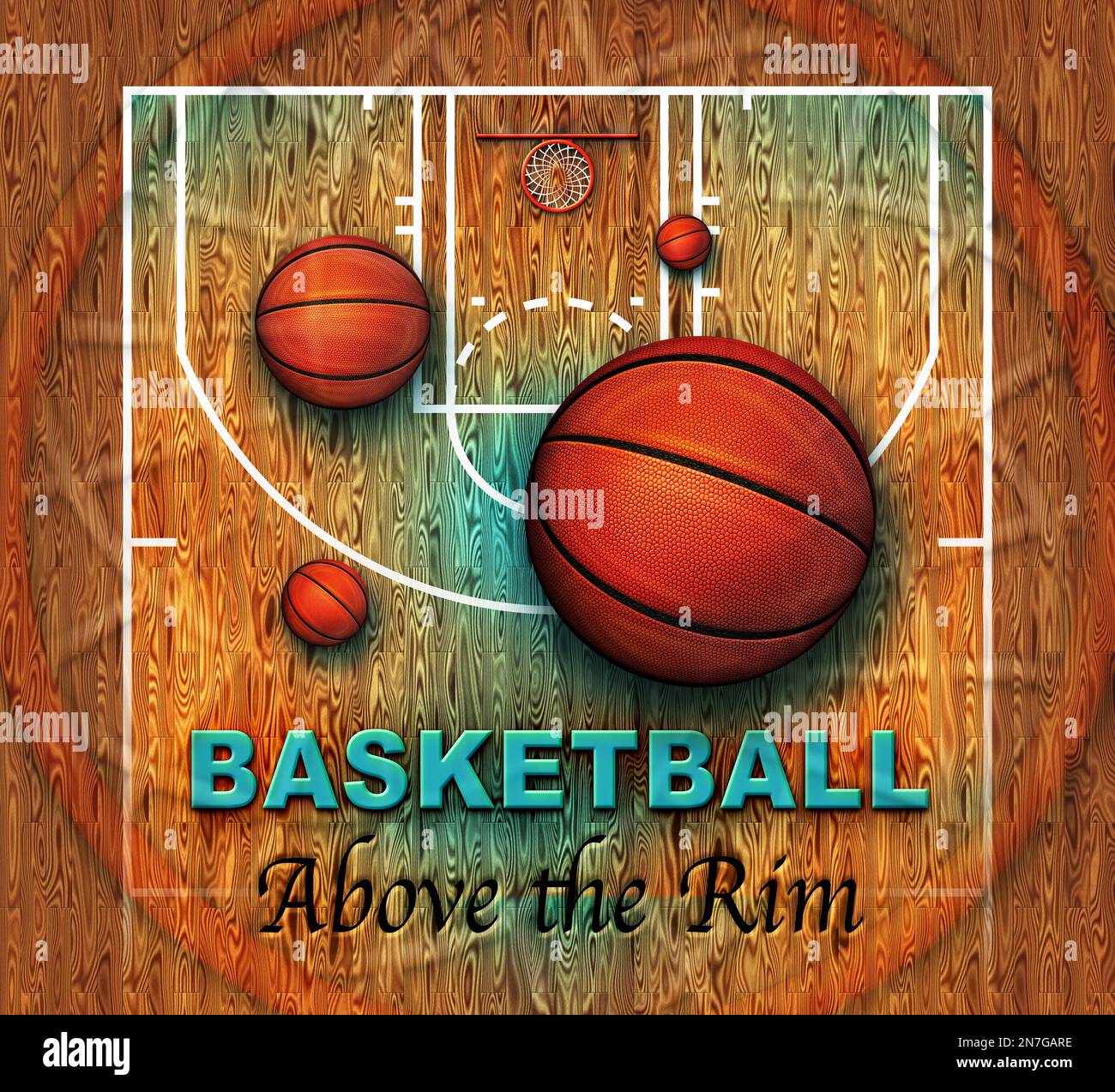 Top view of a basketball half court with multiple rims and basketballs ...