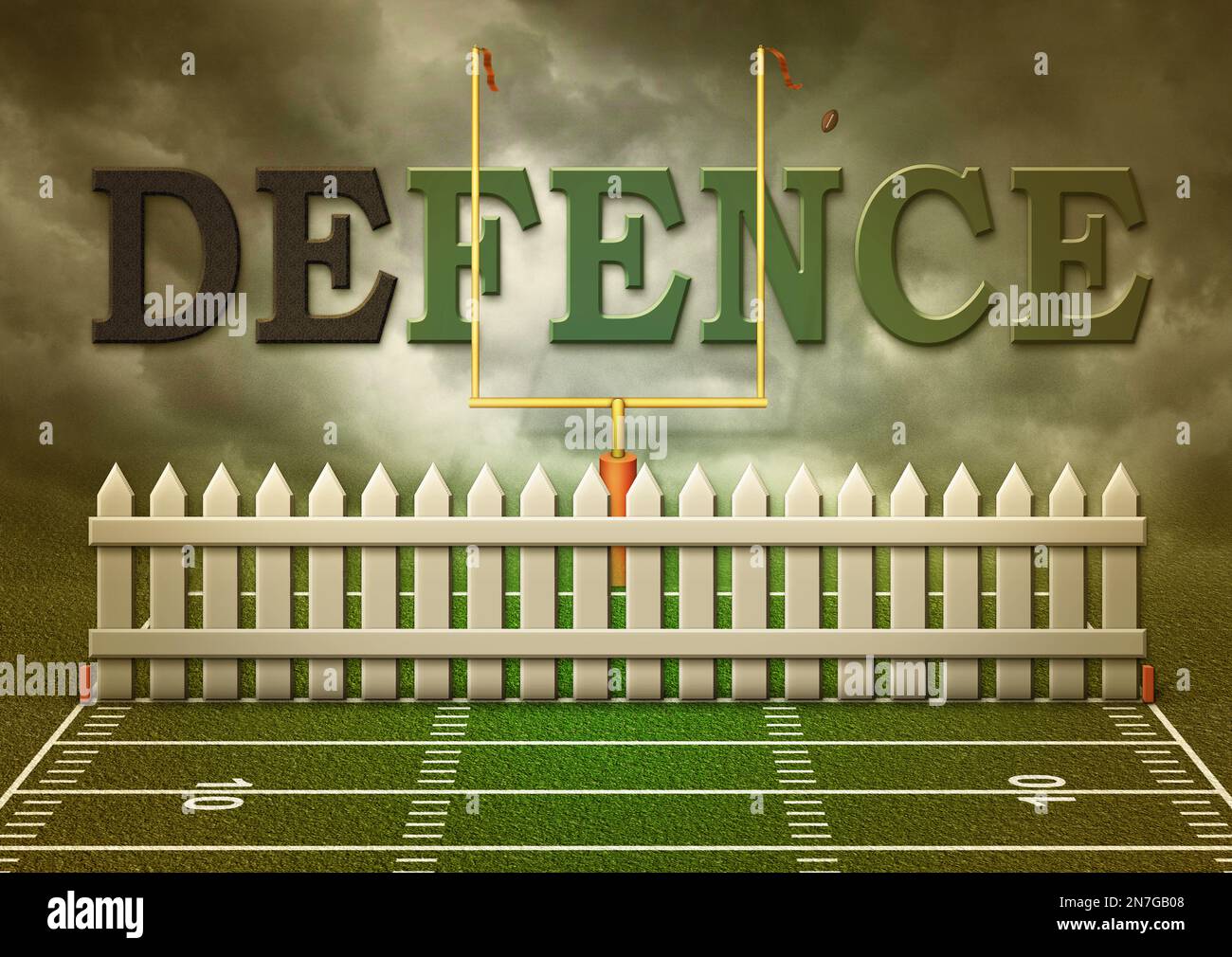Football red zone view of end zone with a picket fence representing a ...
