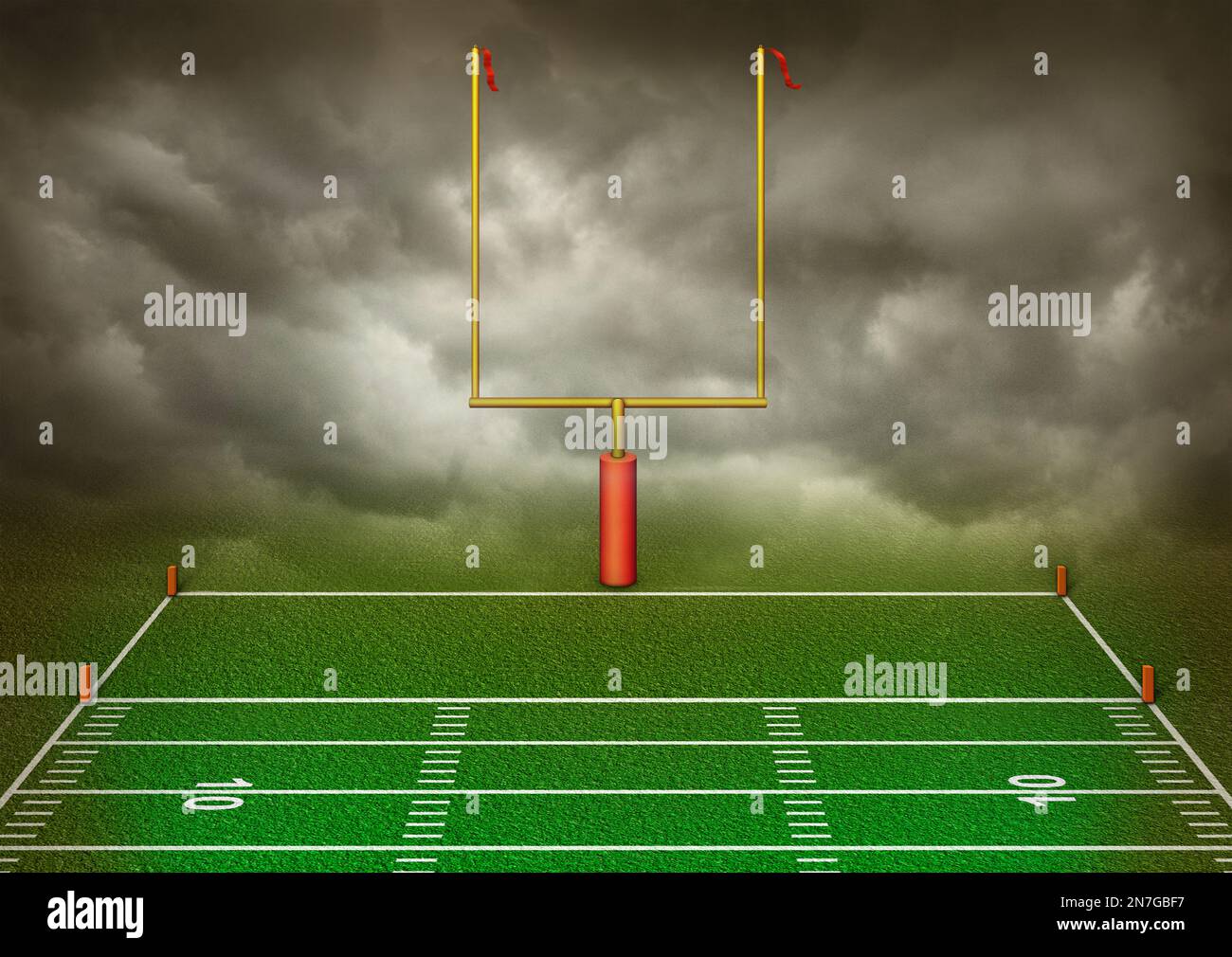 Football red zone view of end zone with dark clouds in the background ...