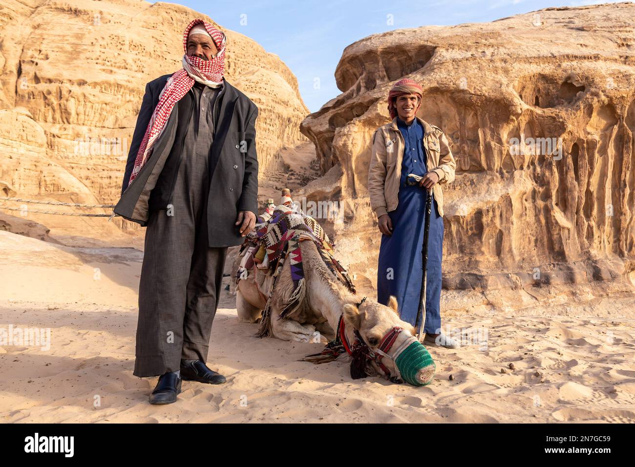 Wadi Rum, Jordan. 28th Jan, 2023. Bedouin men pose to be photographed ...