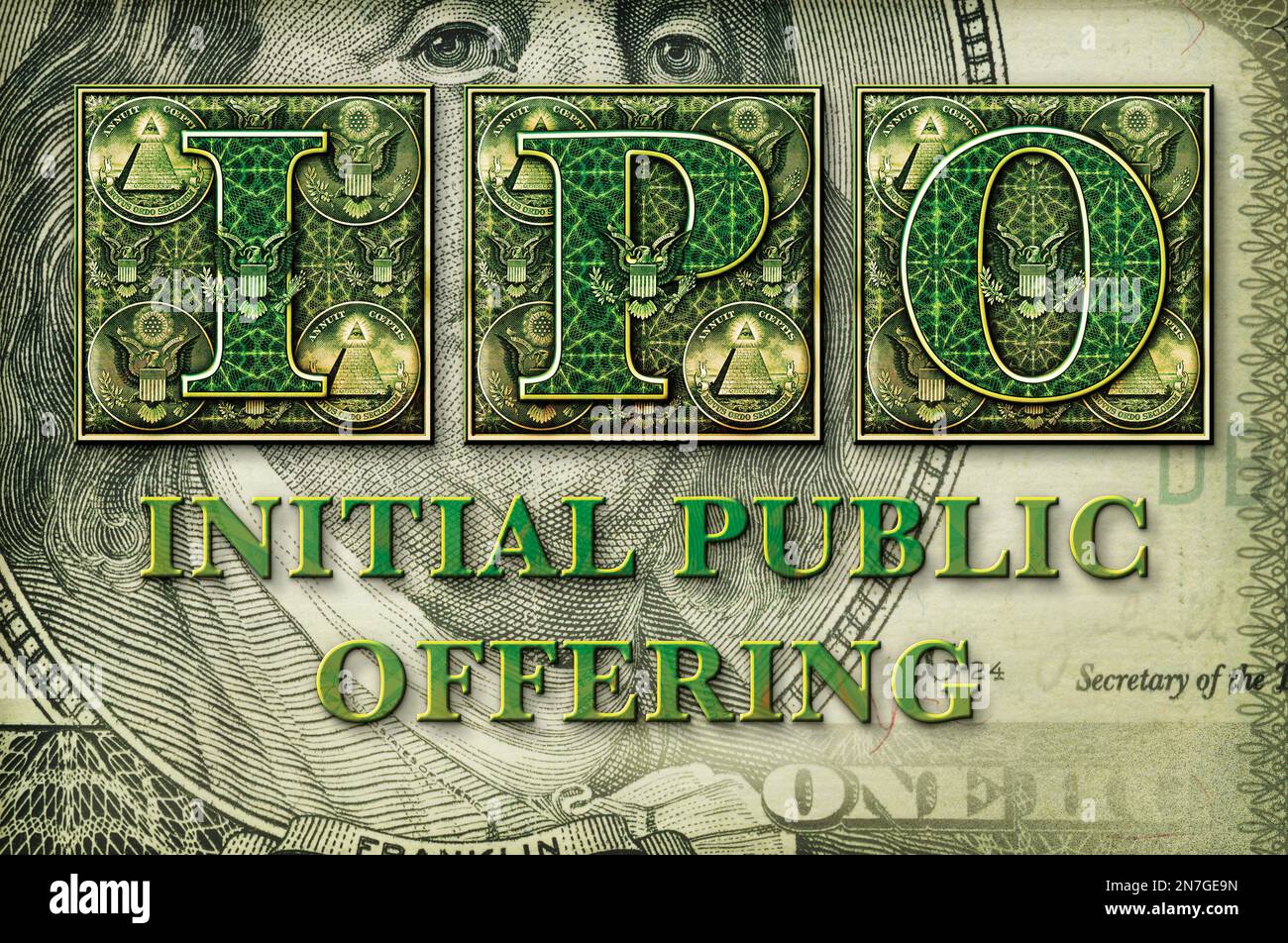 Type spelling IPO and Initial Public Offering on top of a closeup of ...