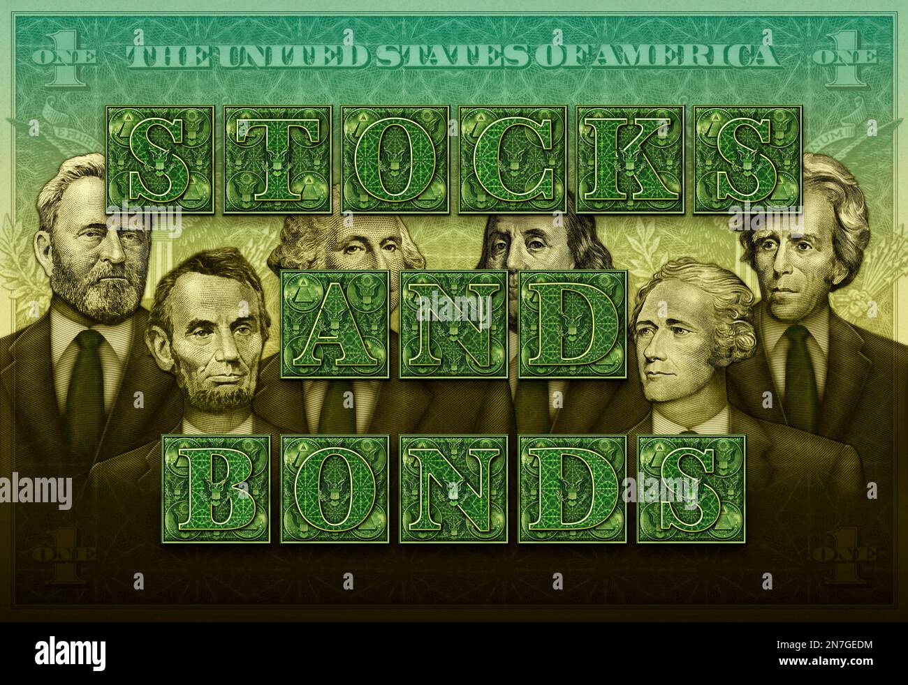 The words, Stocks and Bonds, built from Illuminated capital letters ...