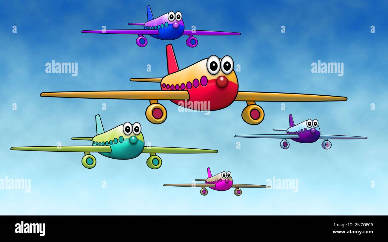 Front view of five cartoon like passenger airplanes flying. Each plane ...