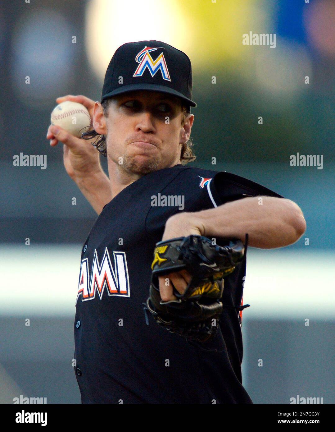 Miami Marlins starting pitcher Kevin Slowey throws to the plate during ...