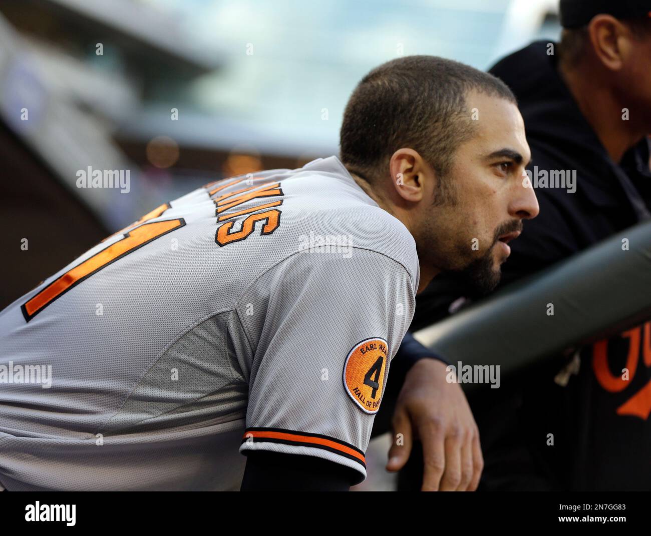 Baltimore Orioles' Nick Markakis watches before his at bat in a ...