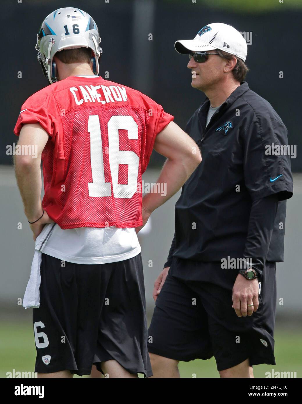 Carolina Panthers offensive coordinator Mike Shula, right, talks with ...