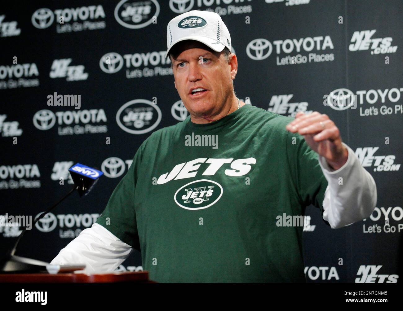 New York Jets coach Rex Ryan talks to the media during NFL football ...