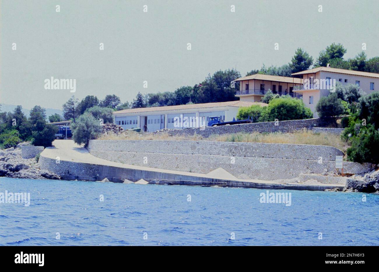 A view of the private Ionian Island of Scorpios owned by Aristotle ...