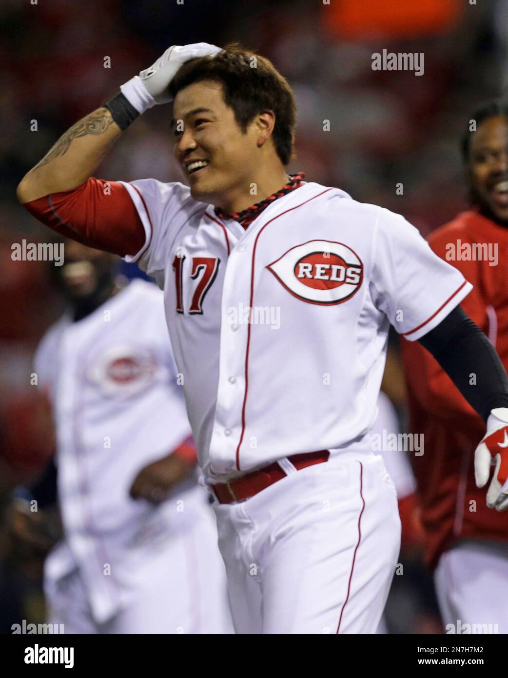 Cincinnati Reds' Shin-Soo Choo (17) celebrates after hitting a walk off ...