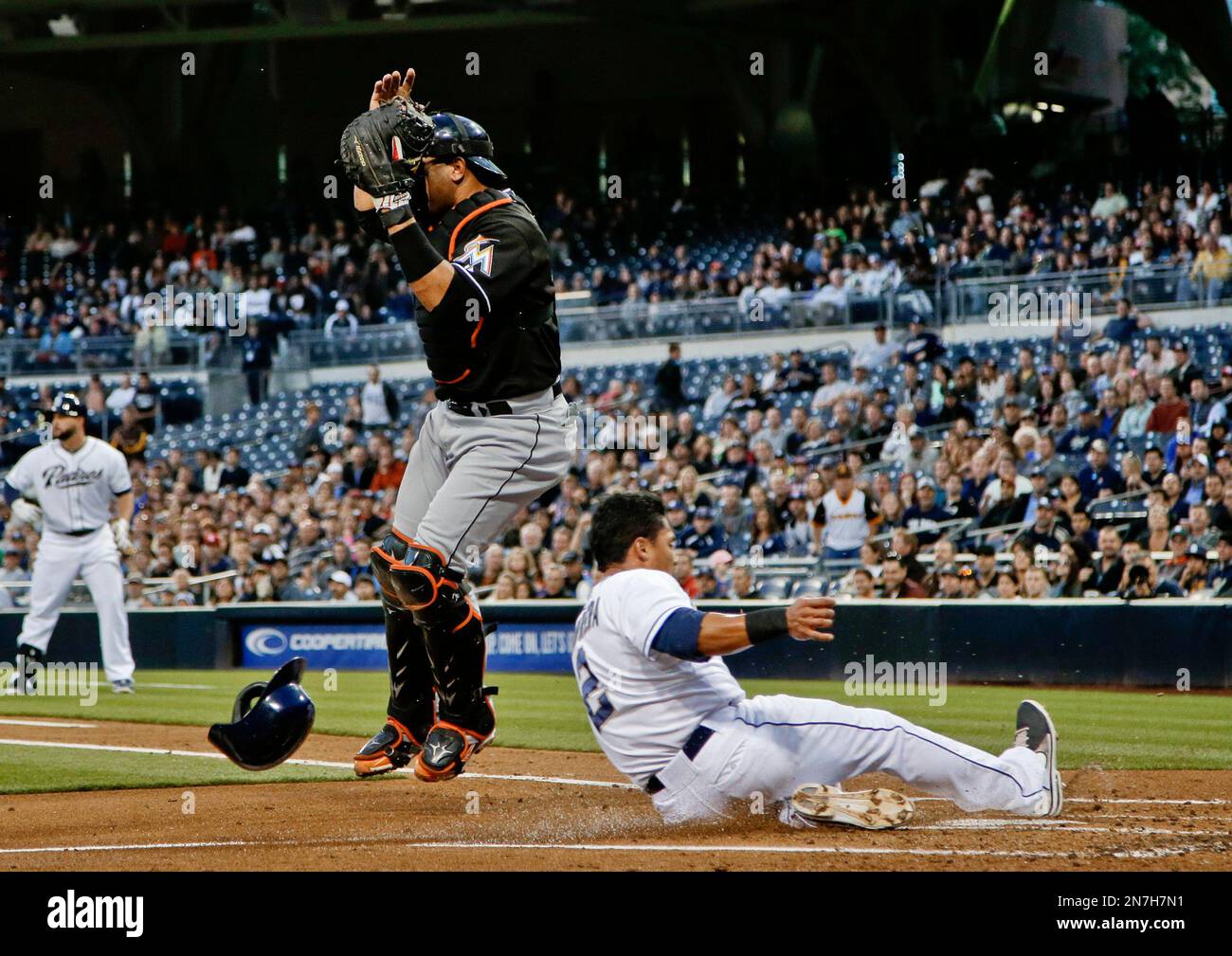 San Diego Padres' Everth Cabrera slides past Miami Marlins catcher ...