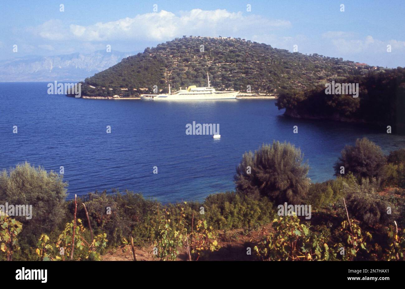A view of the Onassis yacht docked at Scorpios Island in 1968 ...