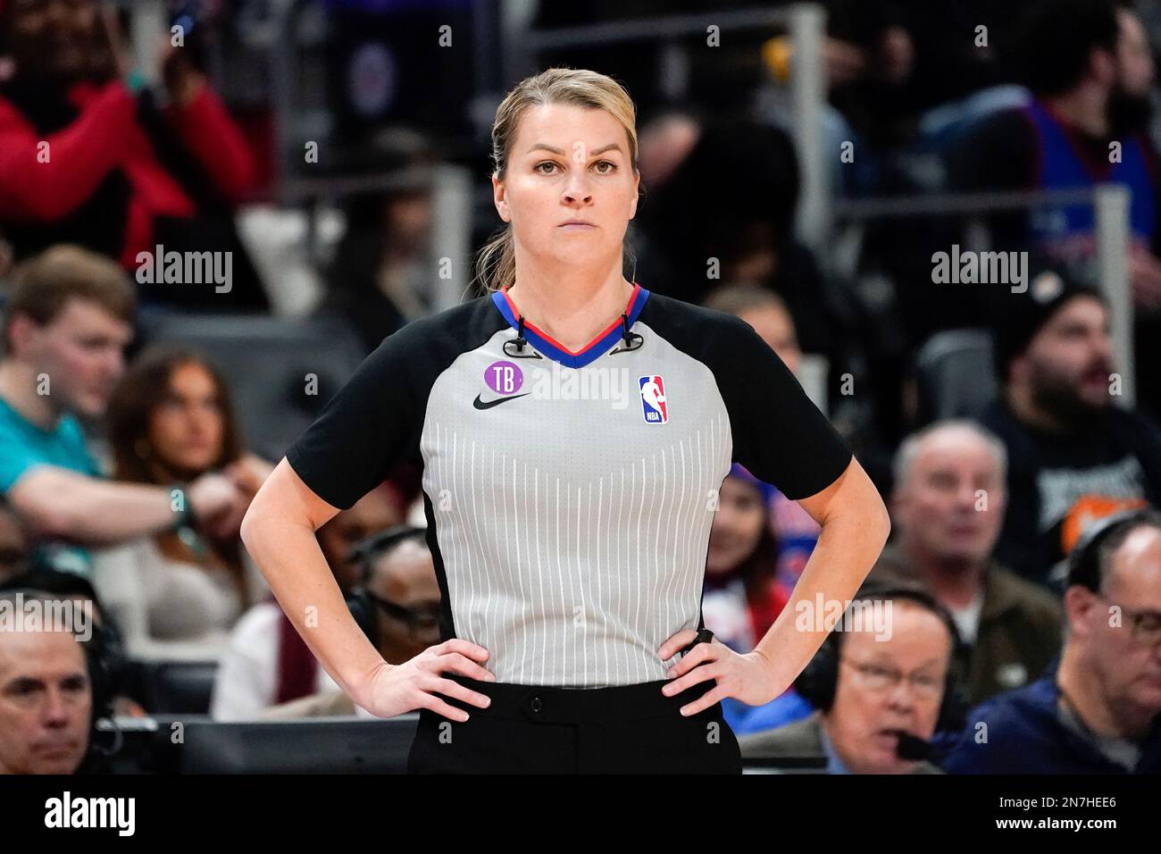 Referee Jenna Schroeder watches in the first half of an NBA basketball ...