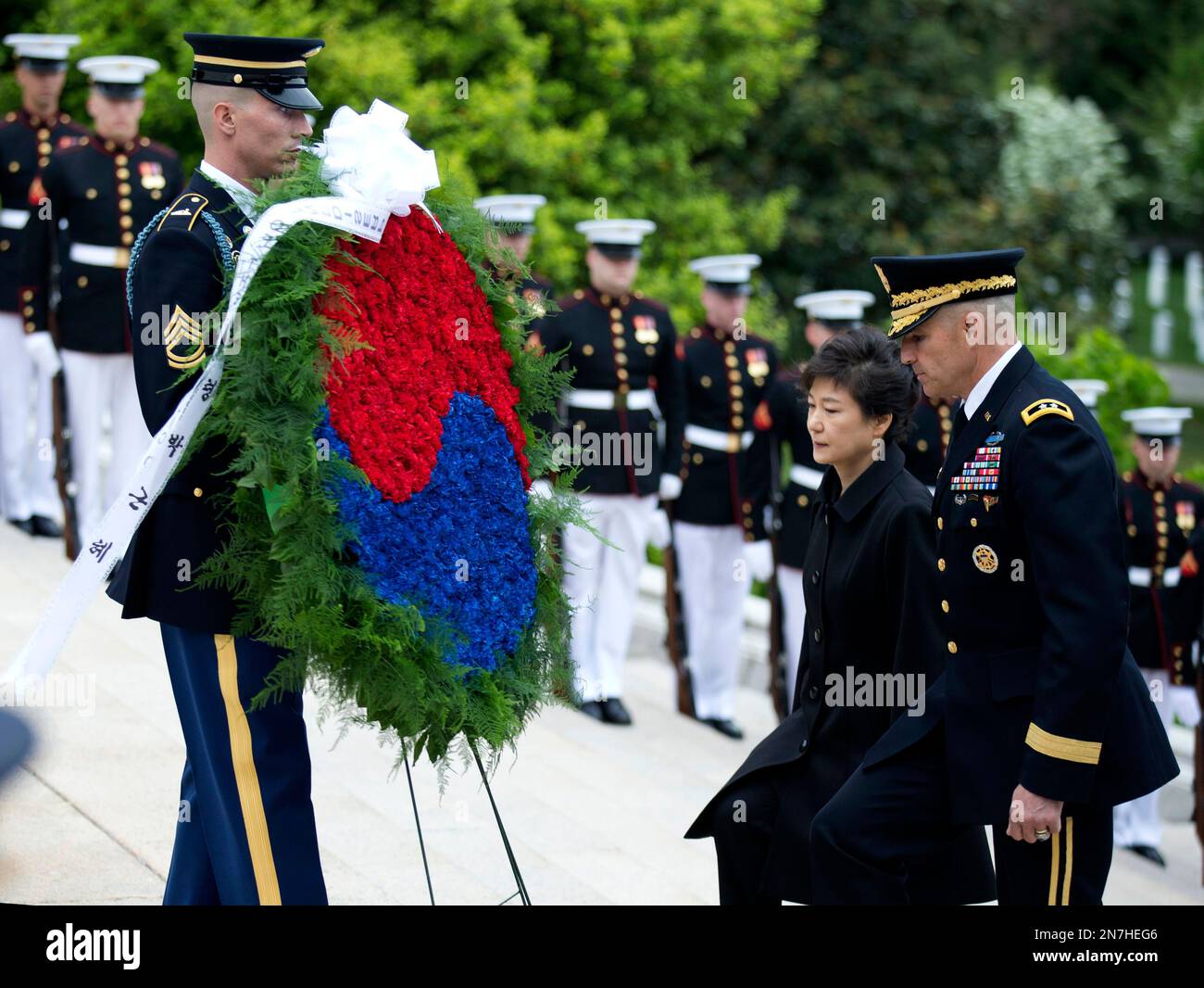 Visiting South Korea President Park Geun-hye, center, is escorted by ...