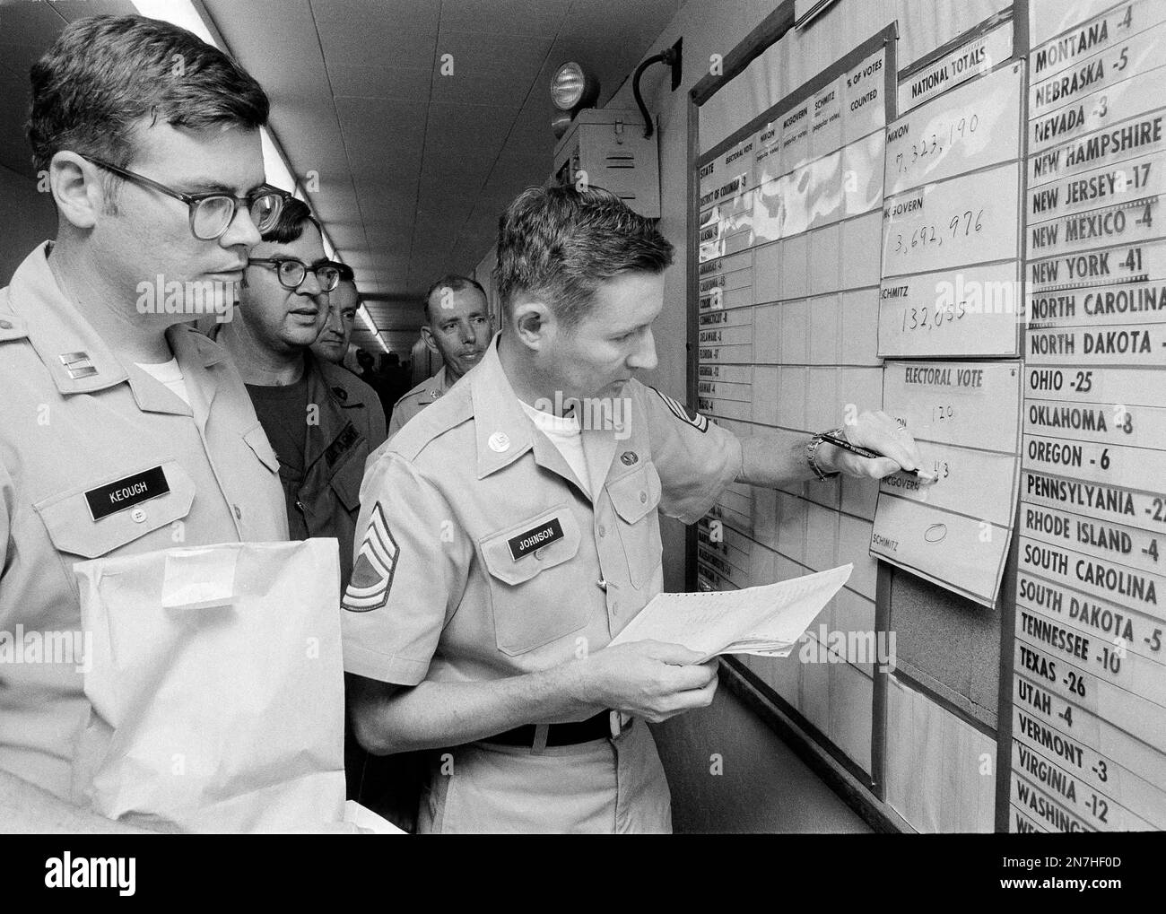 Sgt. 1 C Stanley Johnson of Portland, Ore., writes election returns on ...