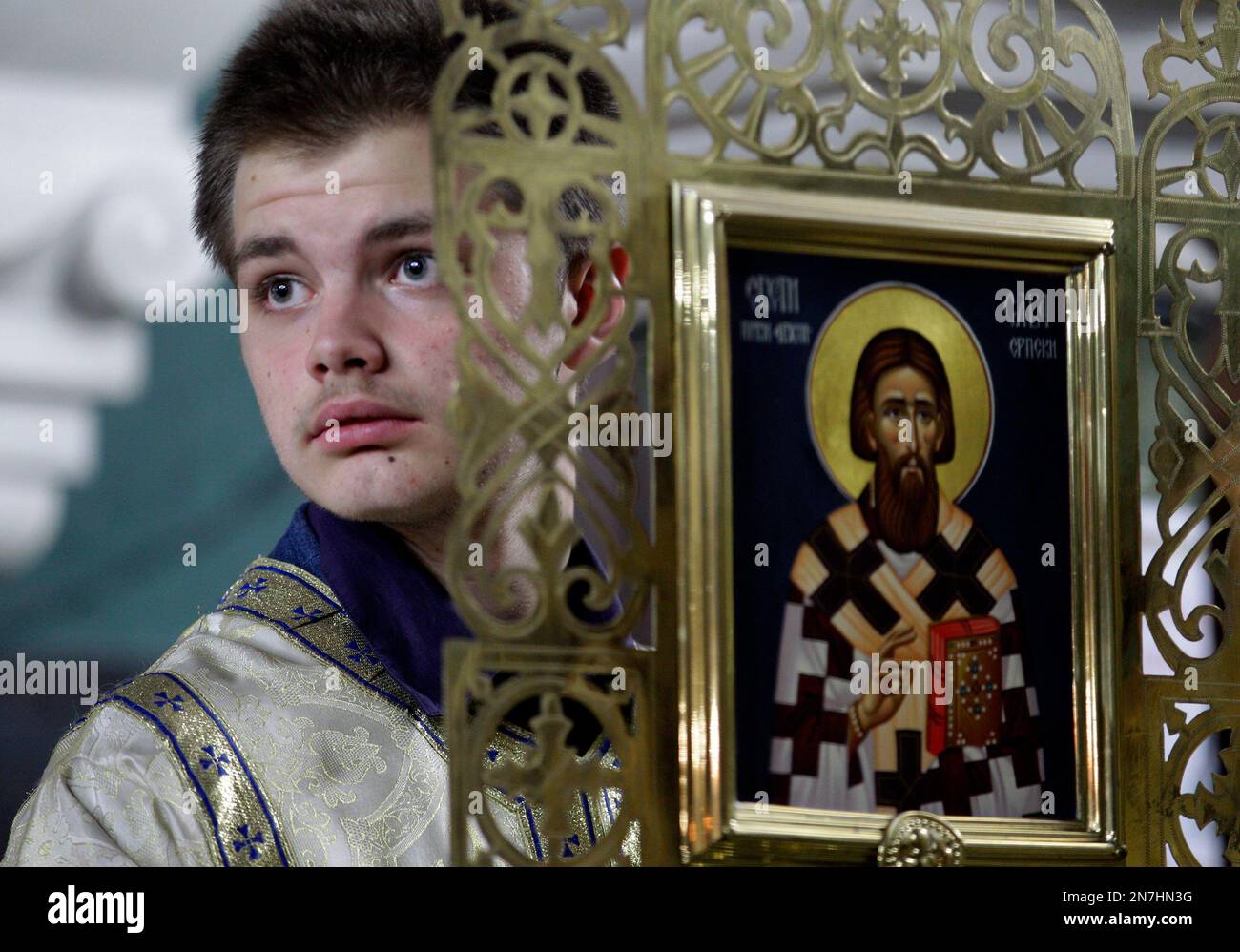 A man holds an icon during the traditional Orthodox Easter Liturgy in ...