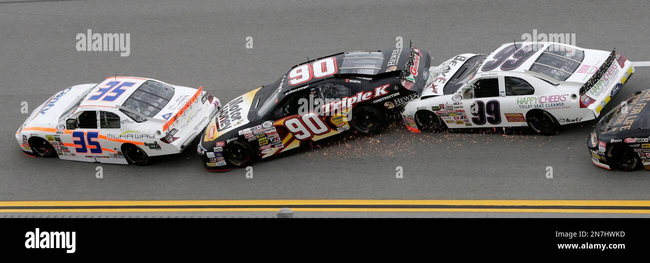 ARCA driver Grant Enfinger (90) gets crunched between Milka Duno (35 ...