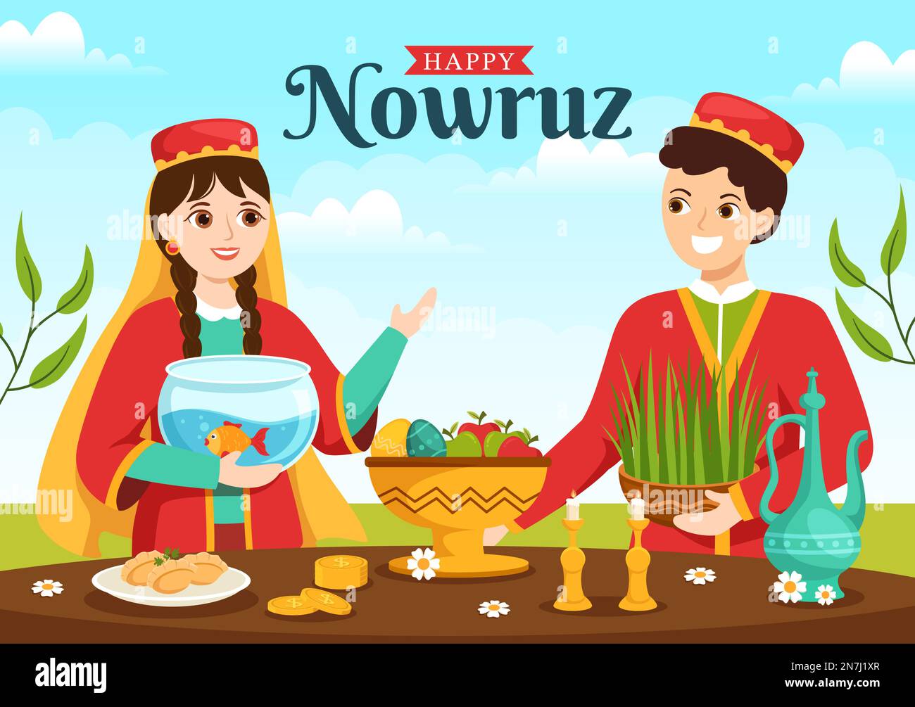 Happy Nowruz Day or Iranian New Year Illustration with Grass Semeni and ...