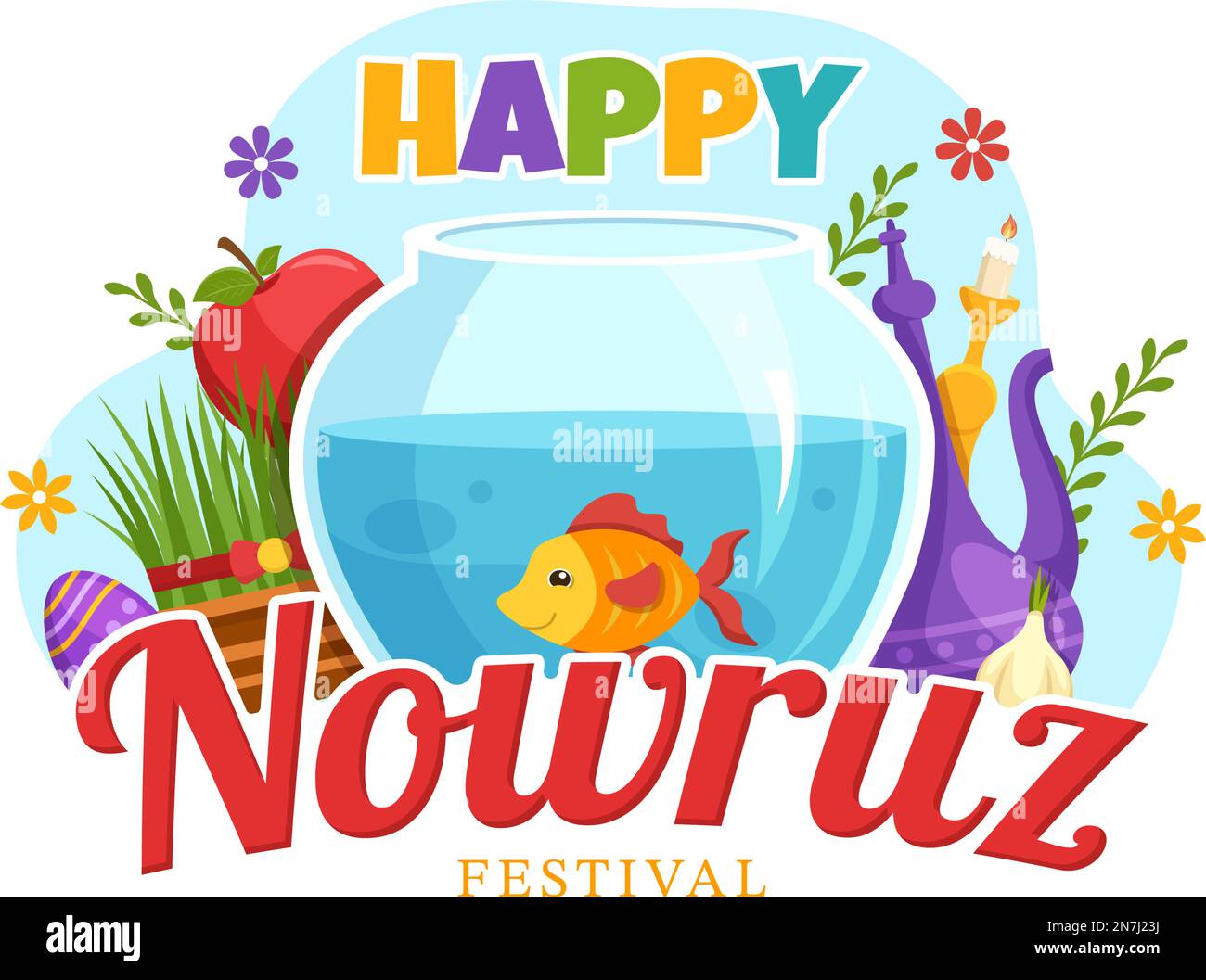 Happy Nowruz Day or Iranian New Year Illustration with Grass Semeni and ...