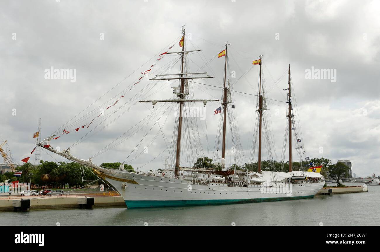 Spanish Naval training vessel Juan Sebastian de Elcano is seen docked ...