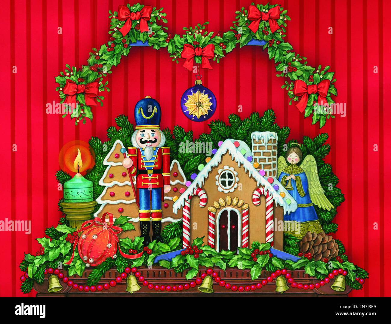 Christmas Deck the Halls mantlepiece-decorations artwork Stock Photo ...