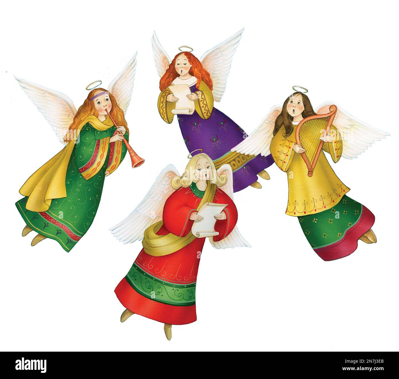 Christmas art four musical Angels floating on white Stock Photo - Alamy