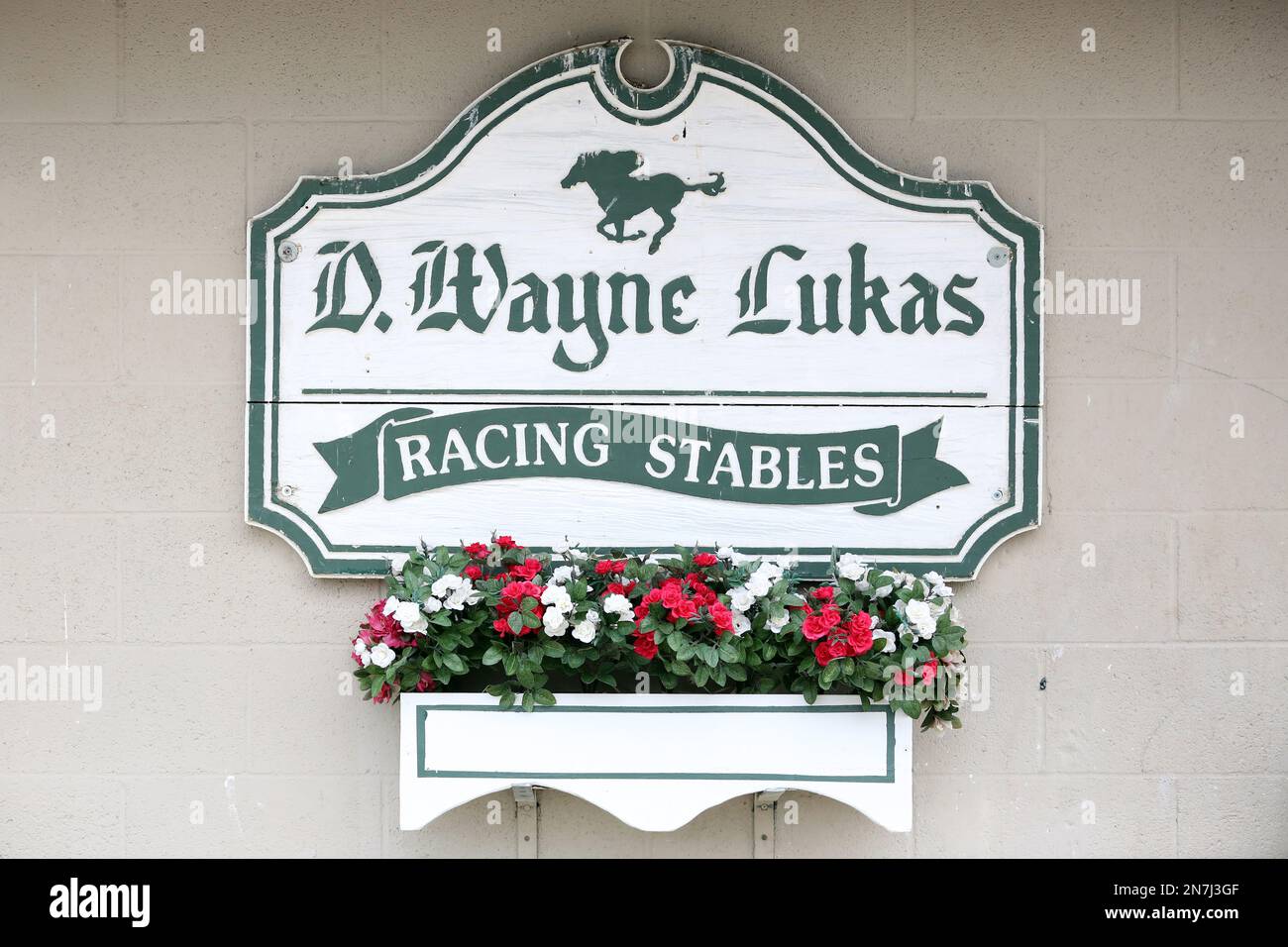 The logo of D. Wayne Lukas Racing Stables is seen at his barn at ...