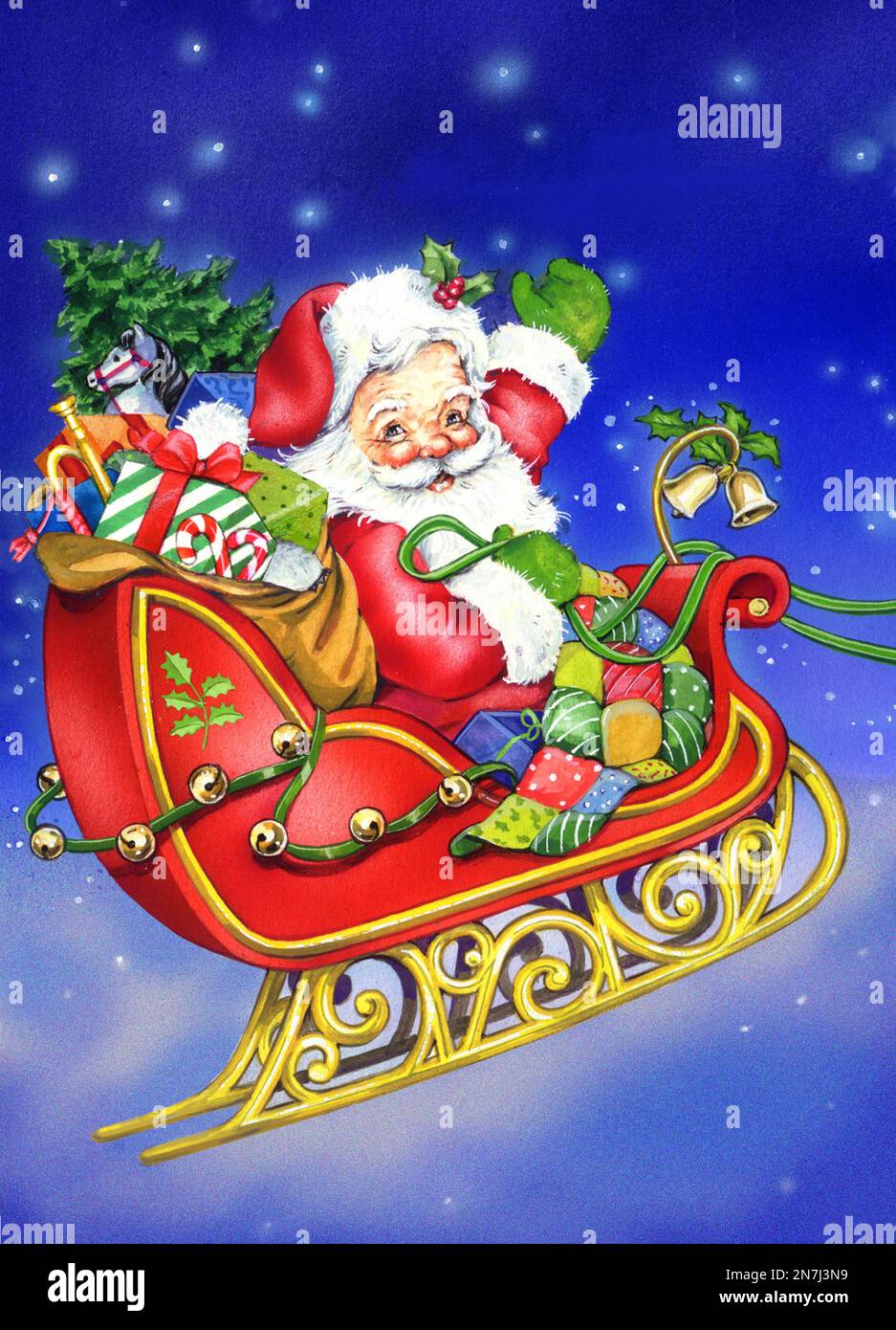 Santa in snow Christmas scene with wreath border & scroll Stock Photo ...