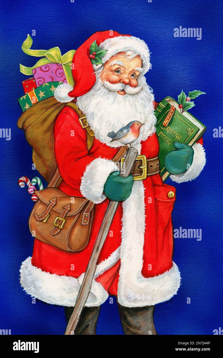 Santa walking with robin, presents, satchel & book illustration Stock ...