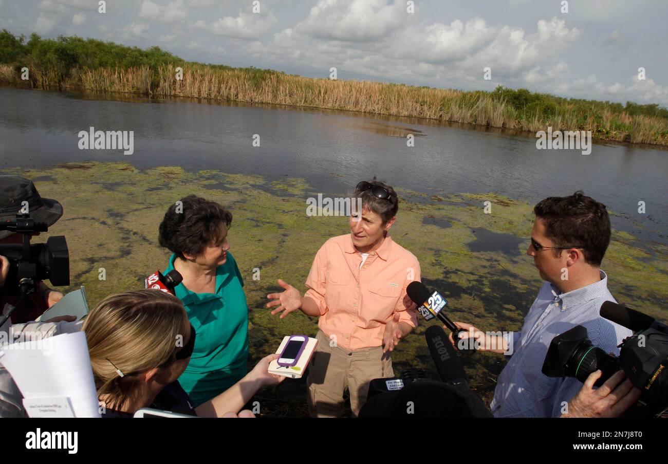 Secretary of the Interior Sally Jewell talks to reporters after touring ...