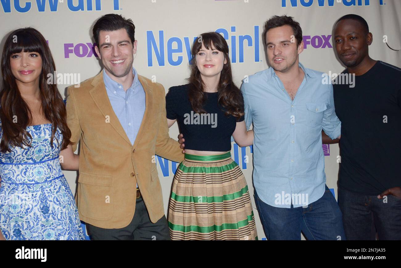 From Left, Hannah Simone, Max Greenfield, Zooey Deschanel, Jake Johnson, and Lamorne Morris ...