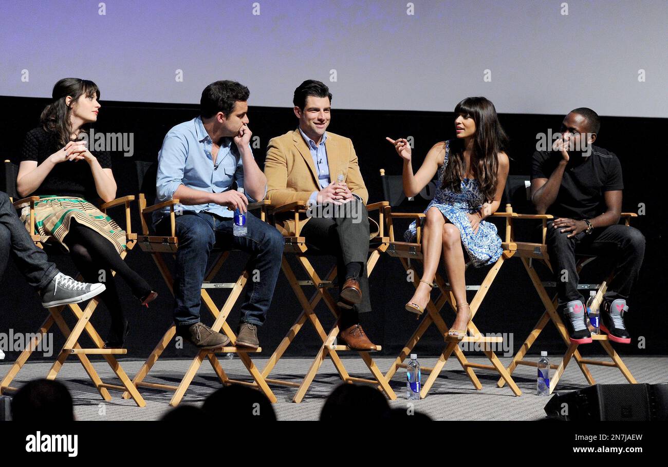 (L-R) Actors Zooey Deschanel, Jake Johnson, Max Greenfield, Hannah Simone and Lamorne Morris ...