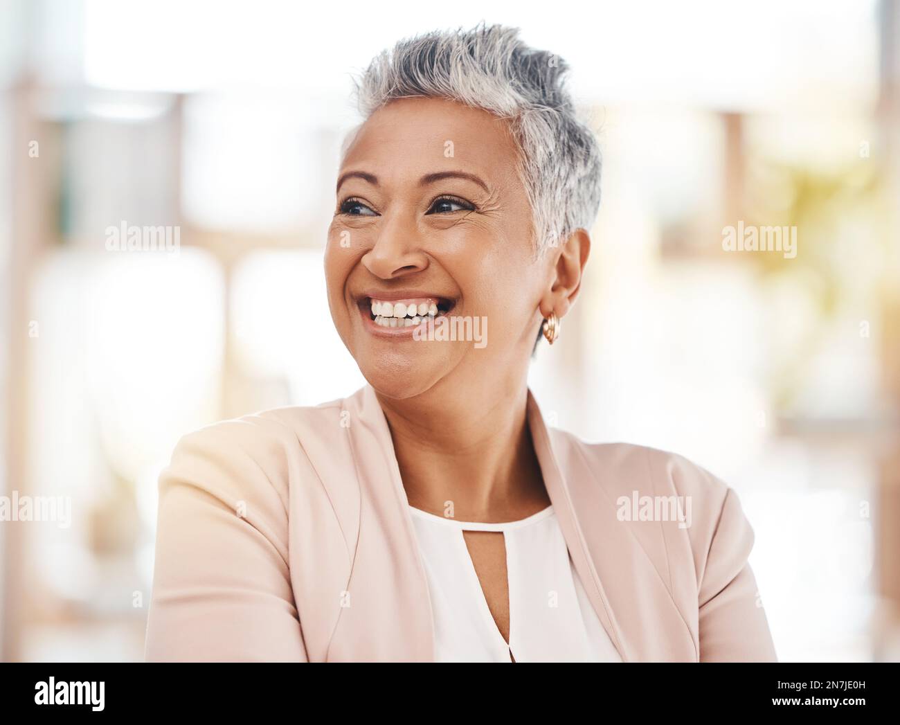 Business, old woman and manager with smile, thinking and ideas for new ...