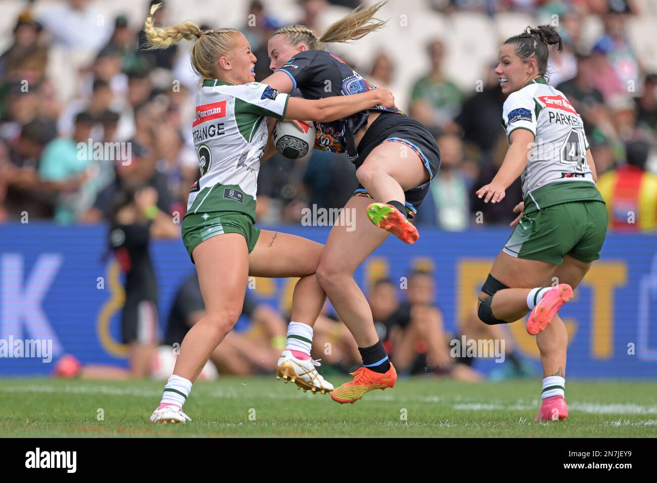 Jaime Chapman of Indigenous All Stars Women is tackled by Jasmin ...
