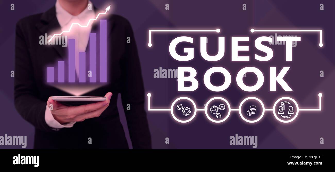 Text sign showing Guest Book. Word Written on electronic means for a ...