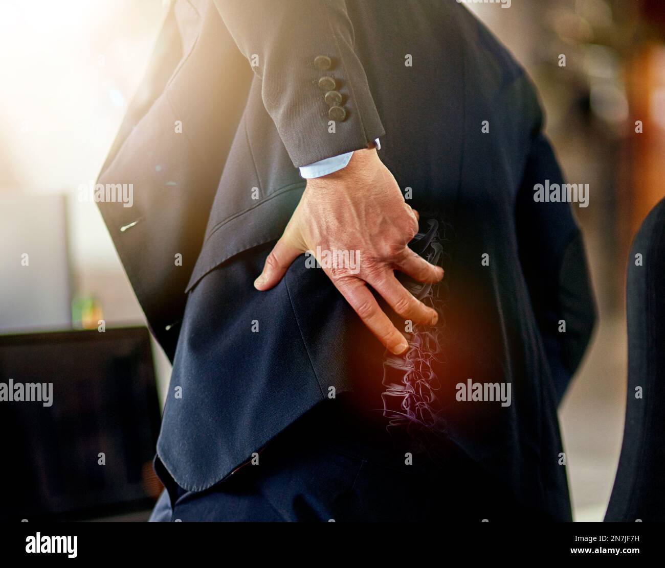Businessman, hand and back pain from work injury, accident or bad ...