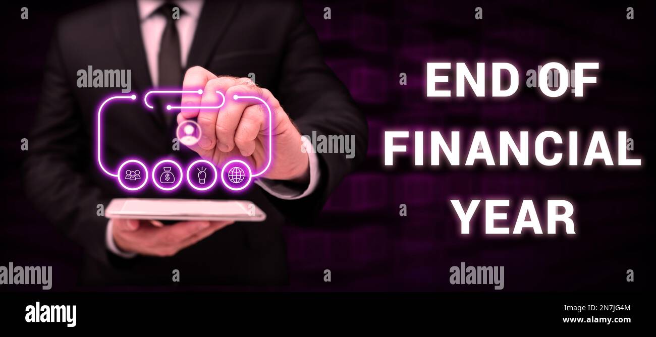 Hand writing sign End Of Financial Year. Business showcase Revise and ...